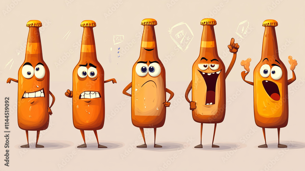 Cute beer bottle character in different poses. Vector set of cartoon ...
