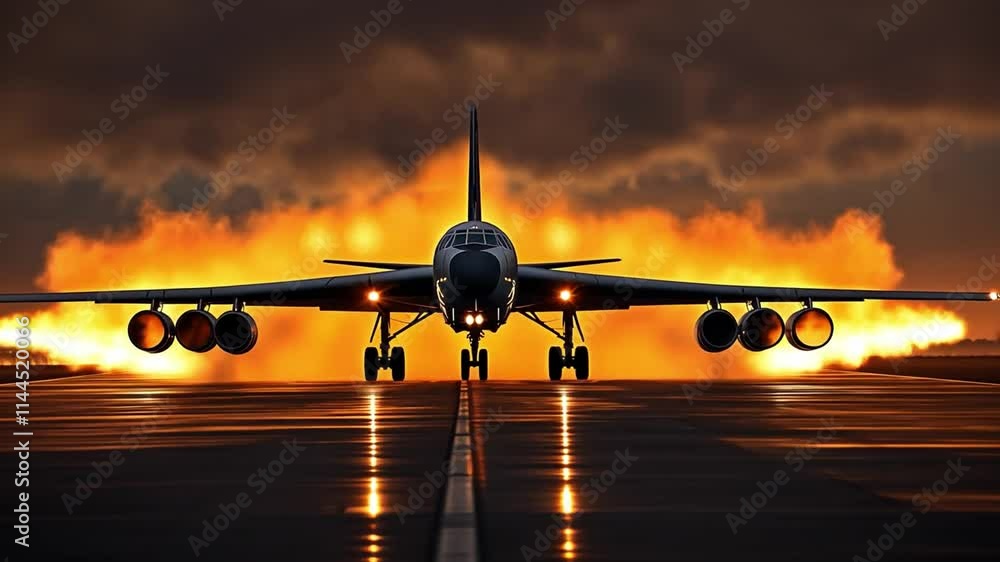 Jet Engine Blazing at Sunset: A powerful jet aircraft bursts into life ...
