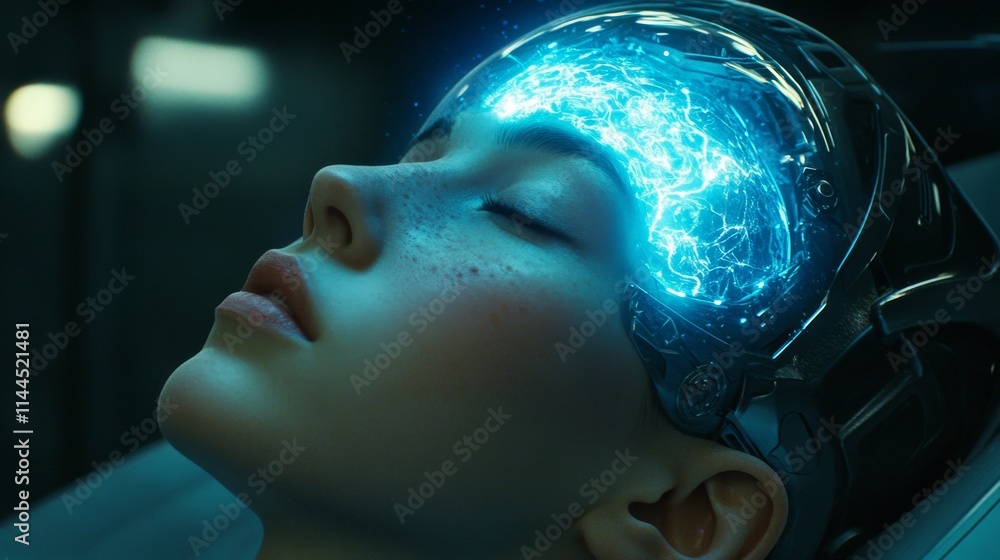 Digital art portraying a futuristic human subject with a glowing AI brain interface, blending ...