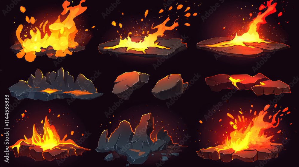 Fire and lava game effect. Magma and rock cartoon ui 2d set. Magic ...