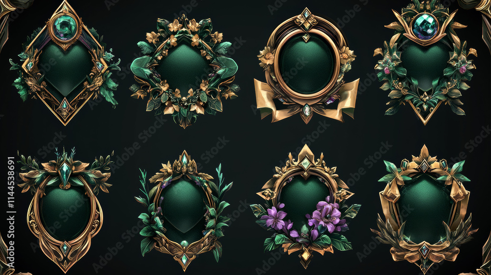 ภาพประกอบสต็อก Game rank badges with dark green centers and golden ...