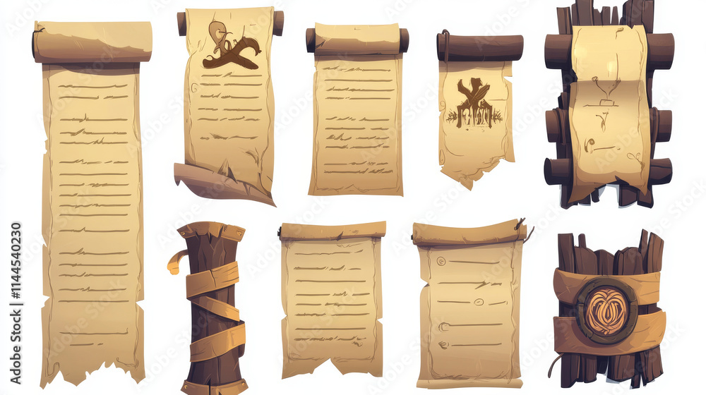 Ancient parchment scroll and paper page with text, ribbon and stamp ...