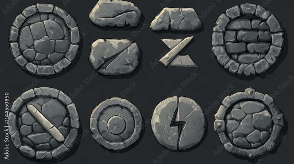Stone rock ui game interface button cartoon vector. Circle, arrow ...