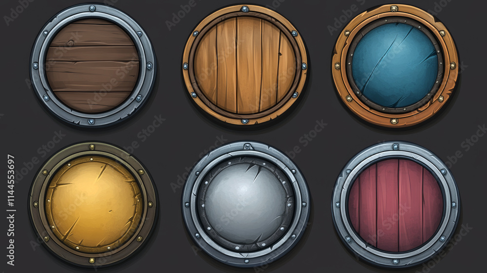 Circle game frames, ui rank or avatar round borders. Wooden, metal ...