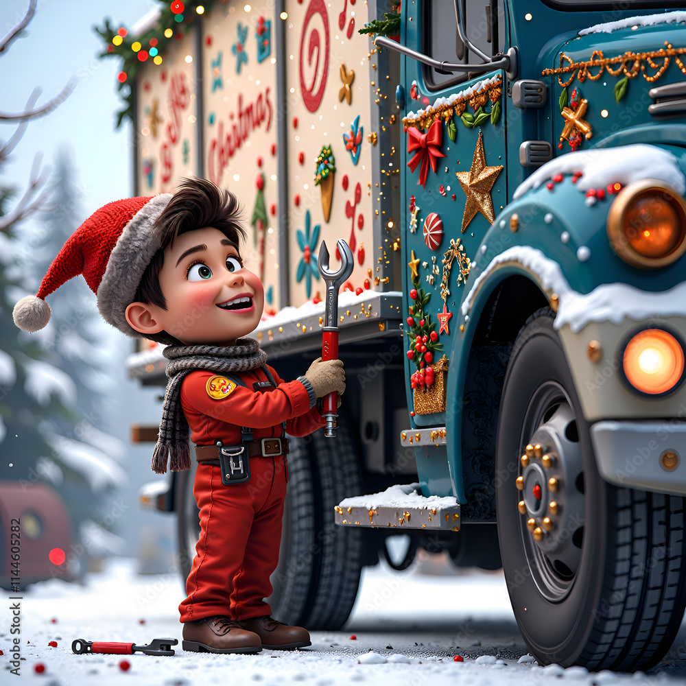 Joyful young mechanic decorating a vintage truck for the holidays in a ...