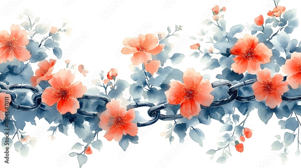 Watercolor composition of a broken chain intertwined with flowers to ...