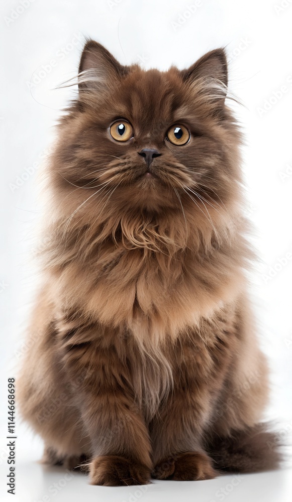Fluffy chocolate-colored cat with vibrant yellow eyes and a soft fur coat, sitting gracefully on ...