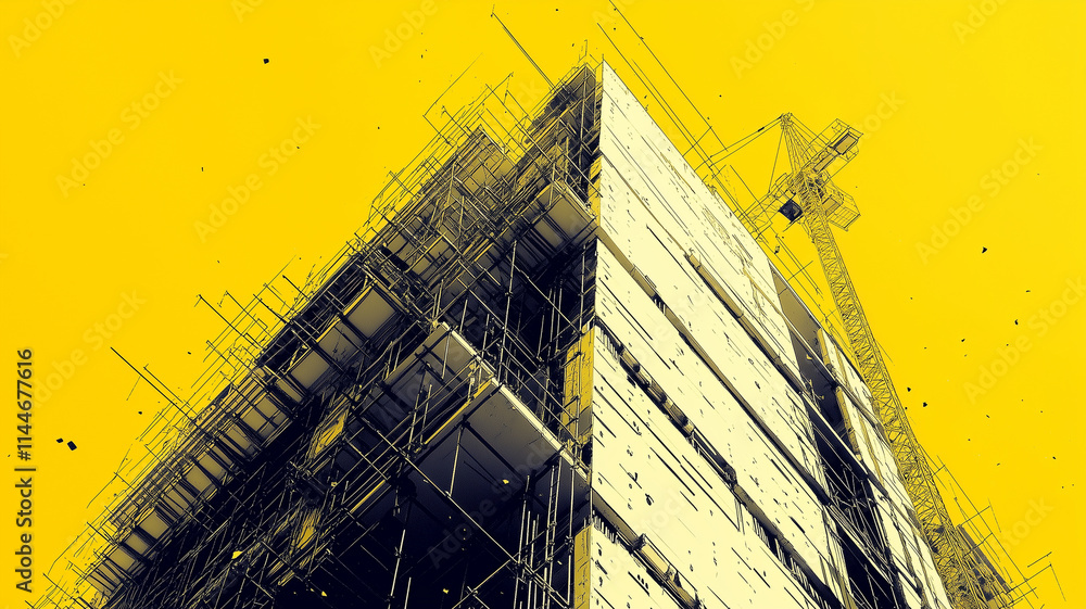 Building under construction with scaffolding and crane against bright ...