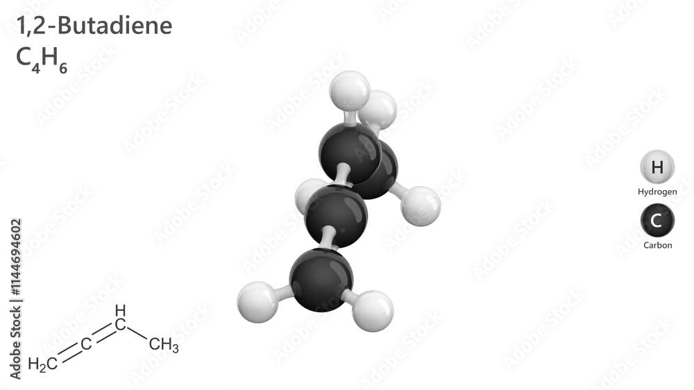 1,2-Butadiene. Alkene. Gas. Animated 3D model of a molecule. Molecular ...