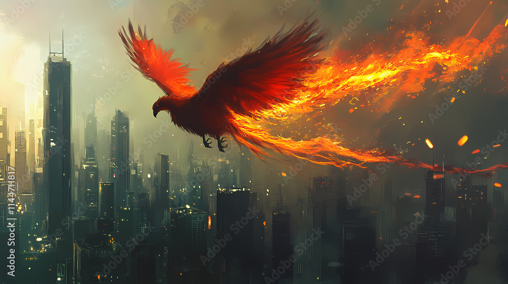 A legendary phoenix-like creature with radiant fire trailing from its ...