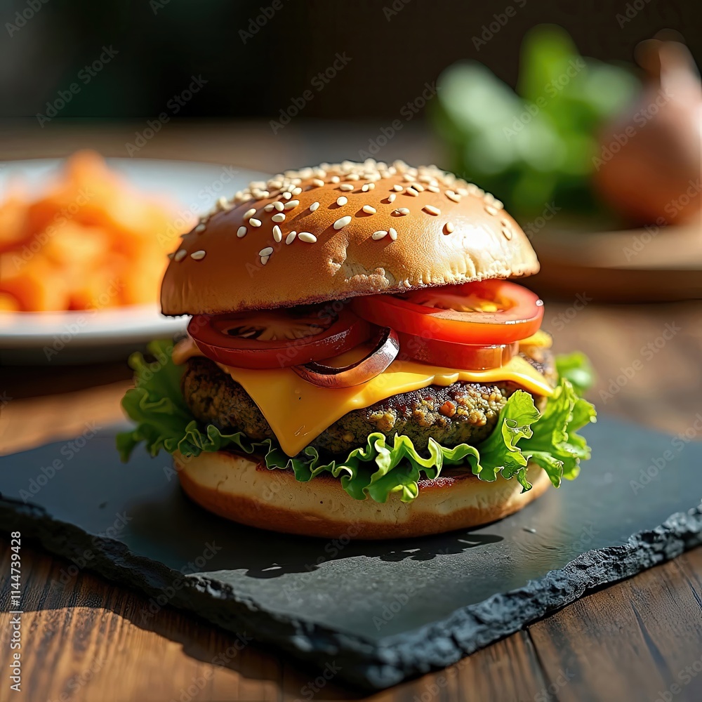 Savor a beautifully crafted vegan burger featuring a plant-based patty, crisp lettuce, ripe ...
