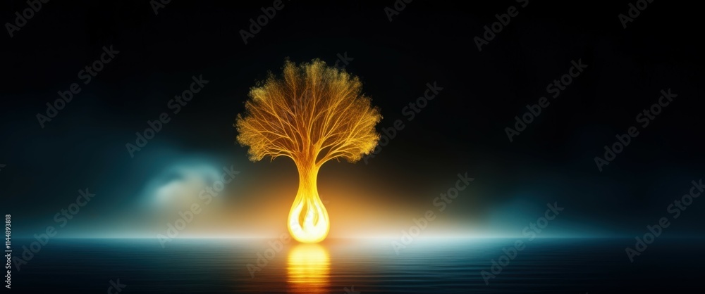 Glowing golden tree of life, bioluminescent roots, reflective water ...