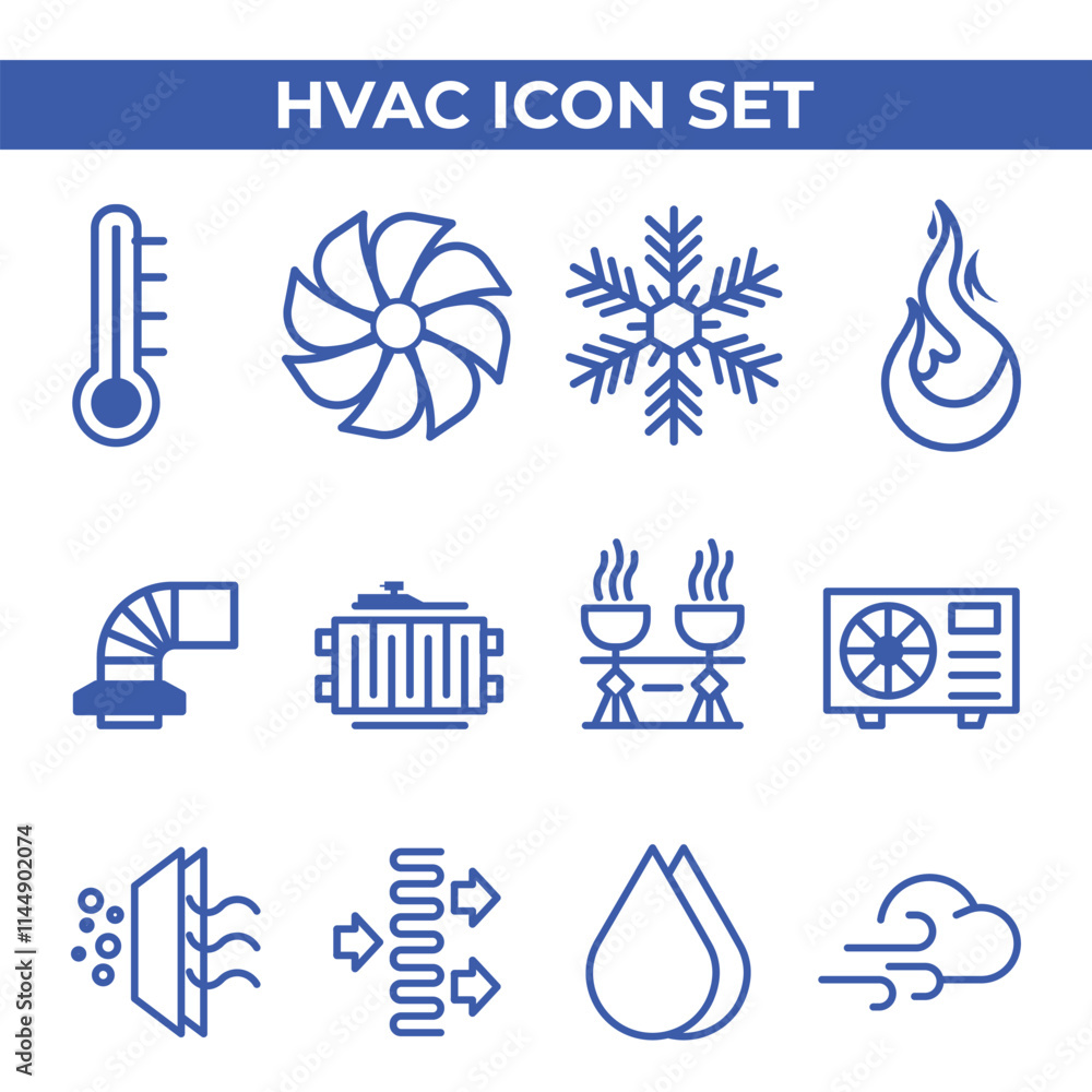 HVAC Icon Set, Heating and Cooling Symbols, Thermometer, Fan, Snowflake ...