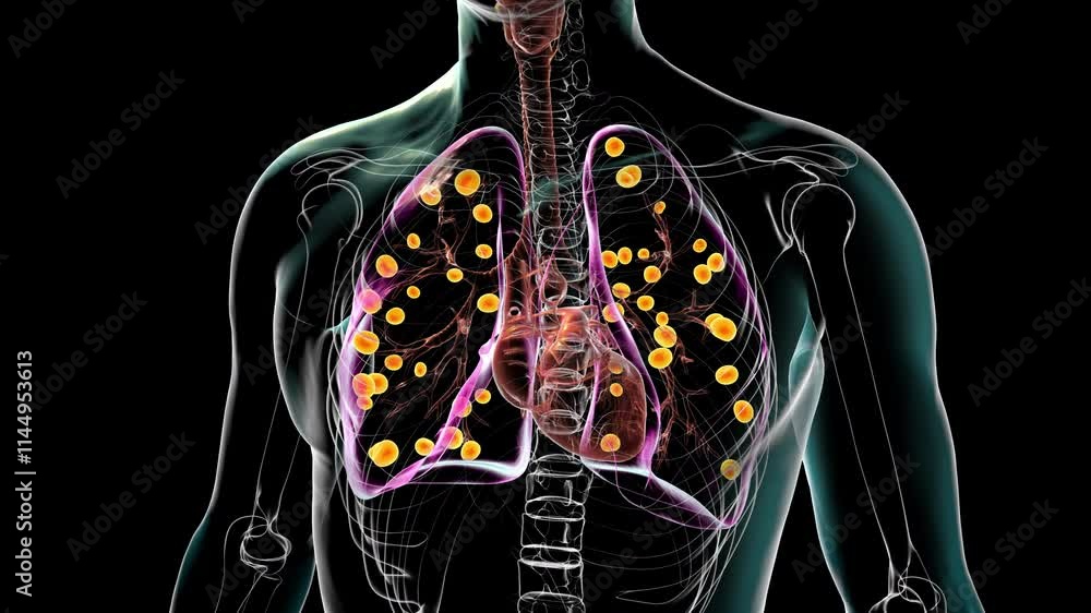 Lung histoplasmosis, 3D animation showing fungal infection caused by ...