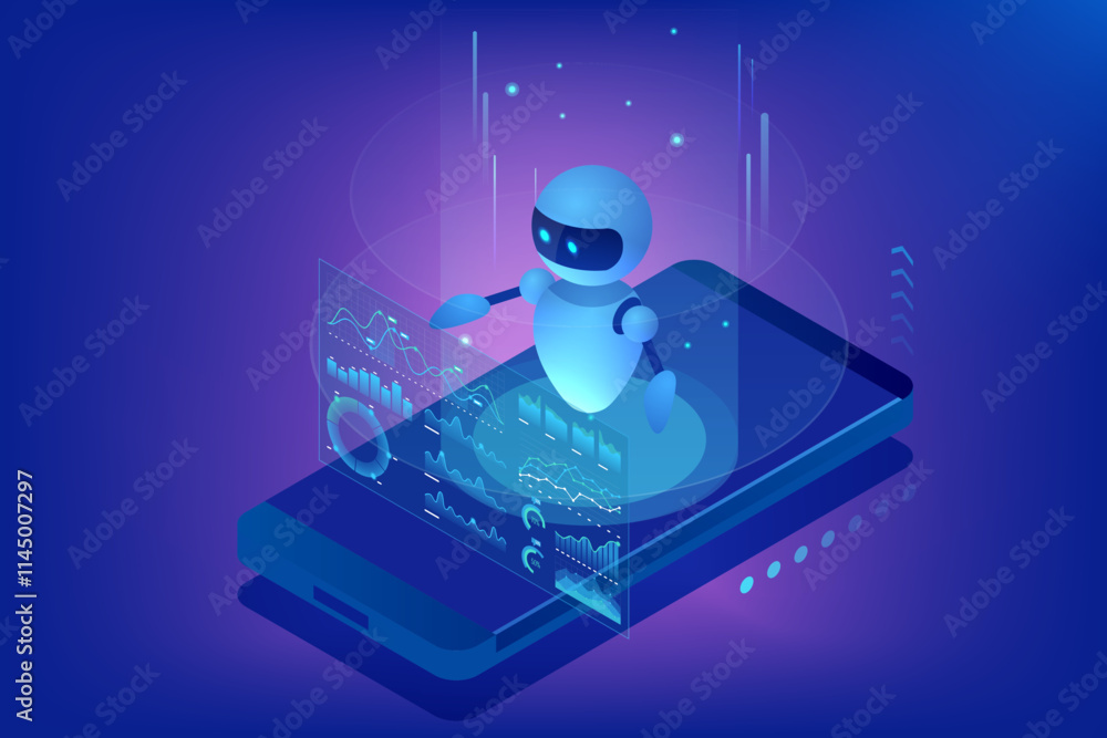 Isometric AI chatbot robot interacting with holographic data dashboards ...