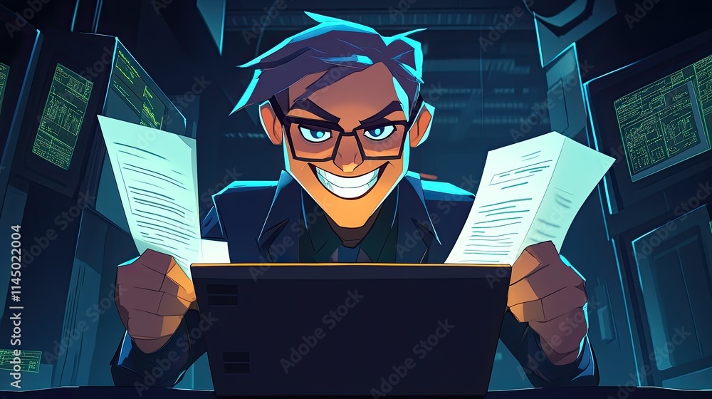 Cartoon hacker inside a laptop with an evil grin, holding a document ...