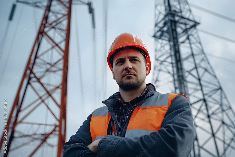 A rugged construction worker in an orange hard hat and safety vest ...