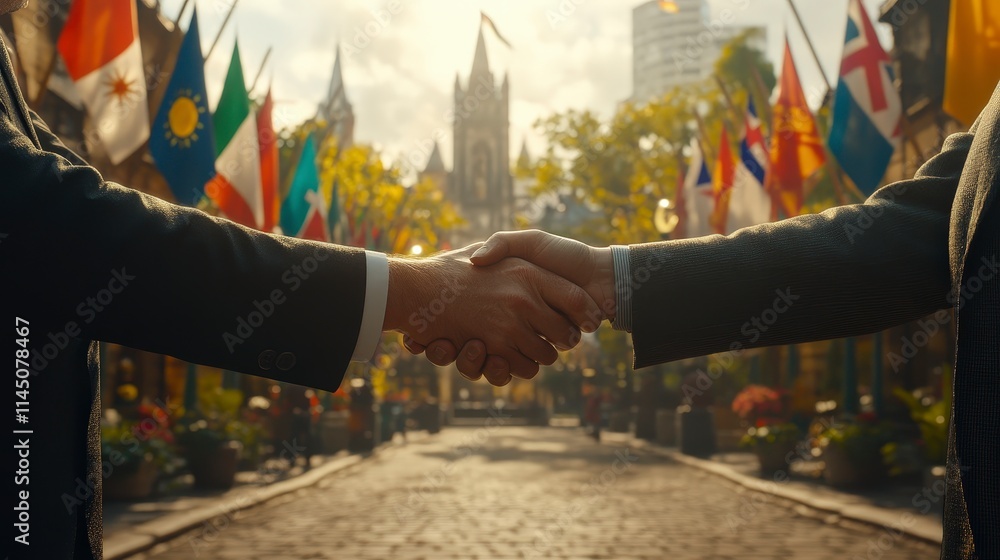 Two businessmen shaking hands in a street lined with flags from various ...