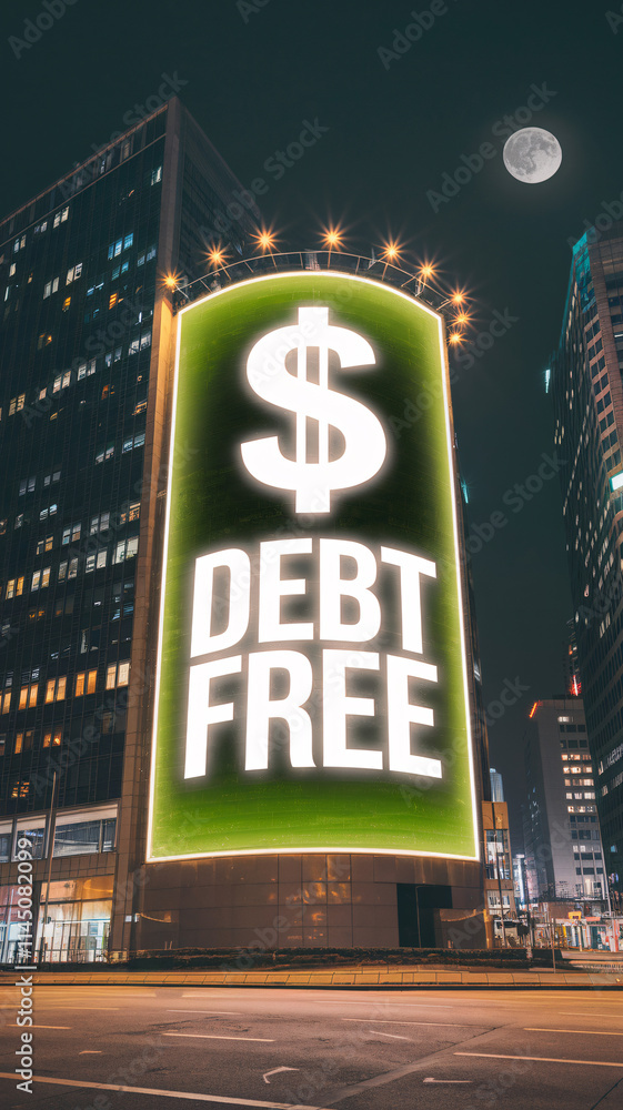 Debt Free displayed in glowing text on a large green billboard with a ...