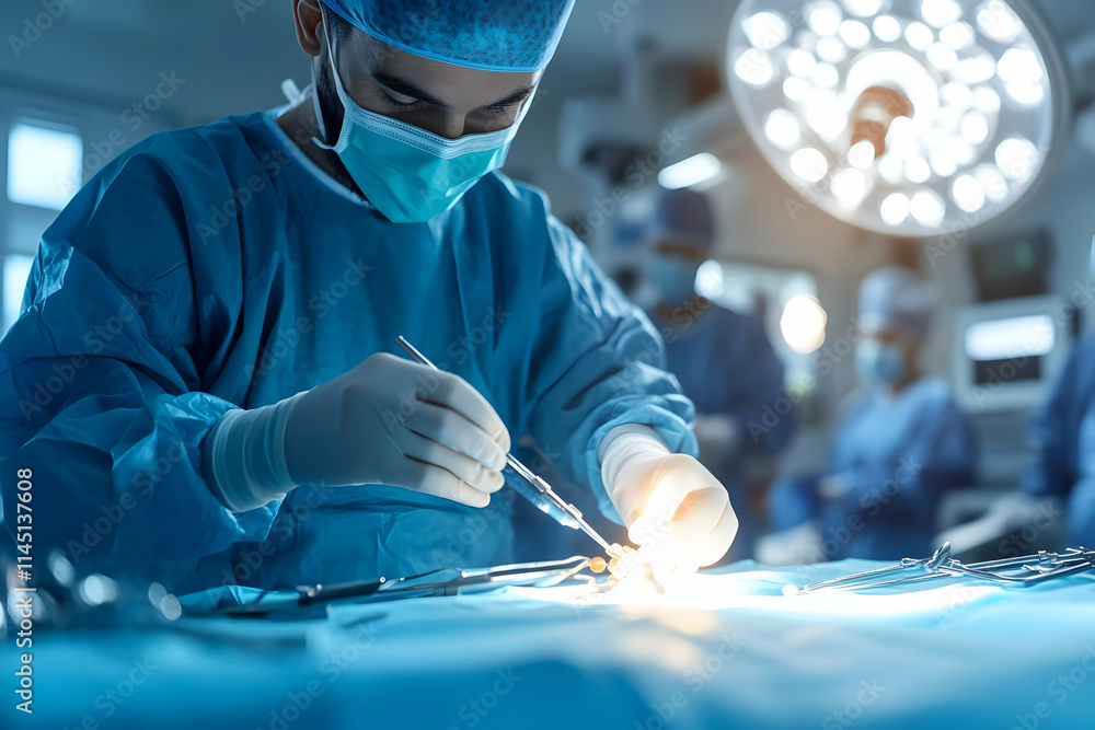 Surgeon Performs Operation with Surgical Instruments Carefully Under ...