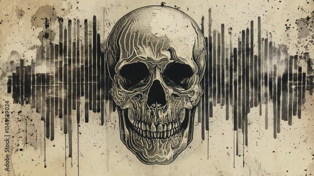 A detailed skull illustration blends with sound wave patterns, creating ...