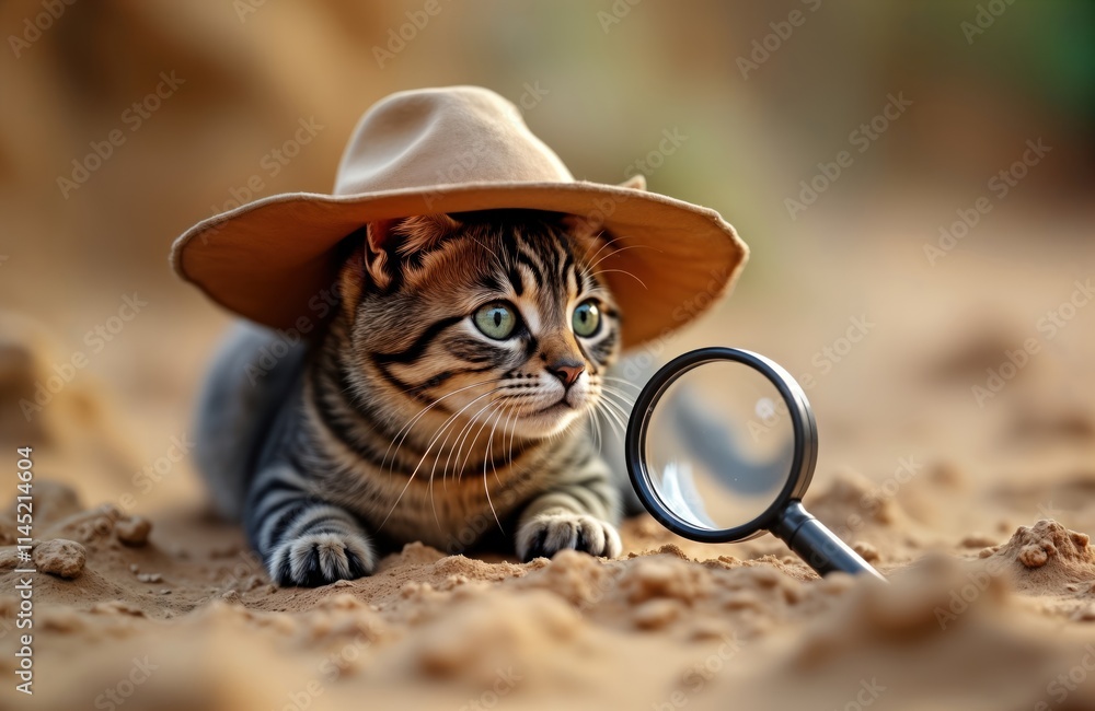 Cute cat wears explorer hat, investigates magnifying glass on sandy ...