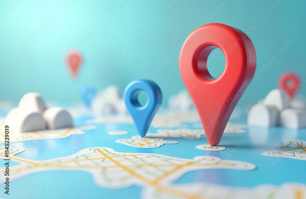 3D render of navigator app with red, blue location pins on map. Modern ...