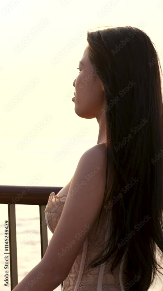 Brunette model posing sunset sky background portrait. Smiling face of ...