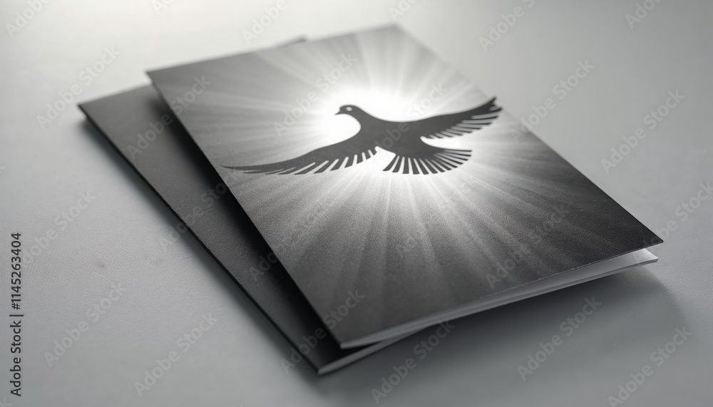 Black and white funeral program with a dove and radiant light design on ...