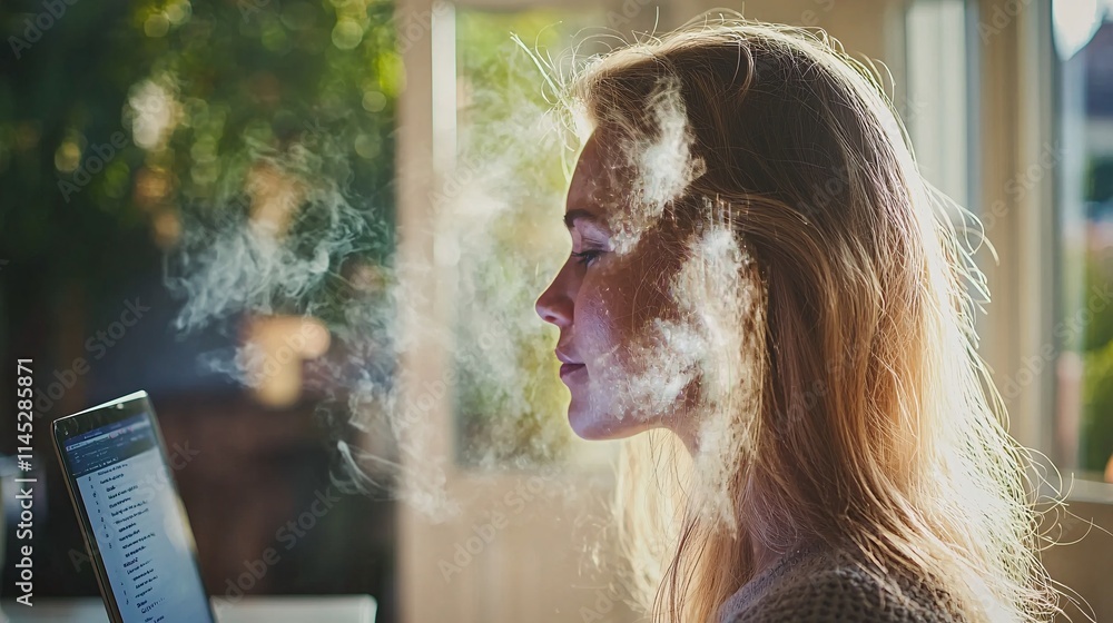 of a woman working from home, overlaid with an image of household ...