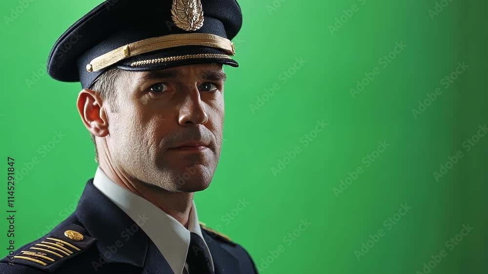Mature airline pilot wearing a uniform with hat is posing on a green ...