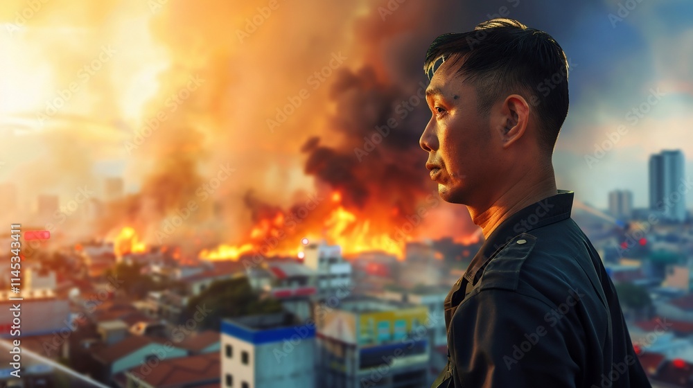Asian fire barged man emergency management officer organizing ...