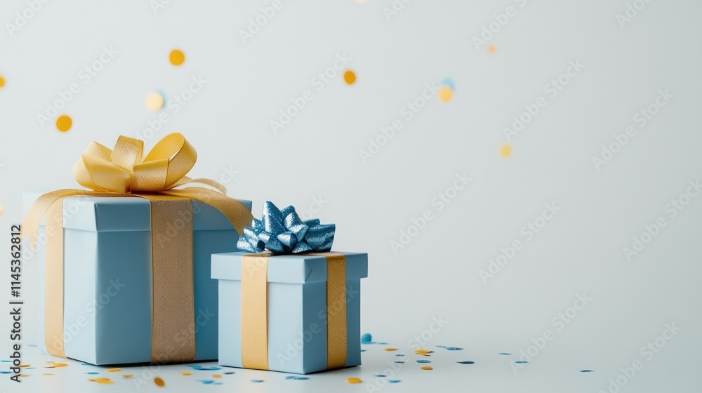 Elegant blue and gold gift boxes wrapped with shiny ribbons are placed ...