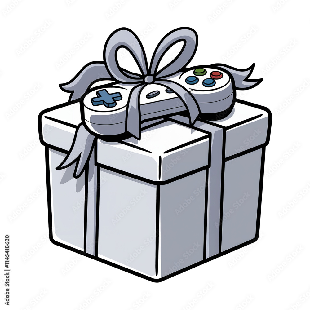 Gift wrapped video game system with controller bow and ribbons isolated ...