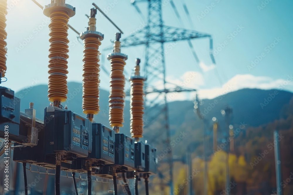 High-voltage electrical insulators and switchgear. Illustrates power ...