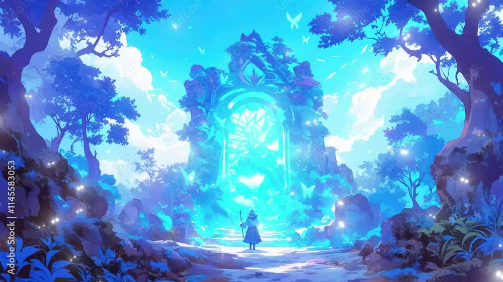 Magical portal door glows brightly in a mystical dark forest filled ...