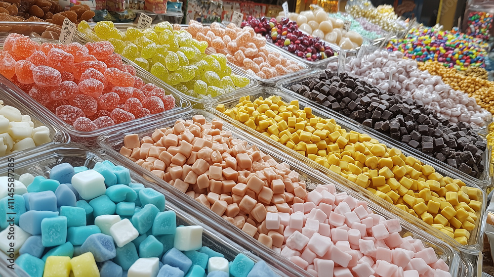 Candy Market: A vibrant display of colorful candies in a bustling ...