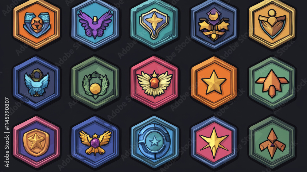 Medal and badge with star and wings for game ui level rank design ...