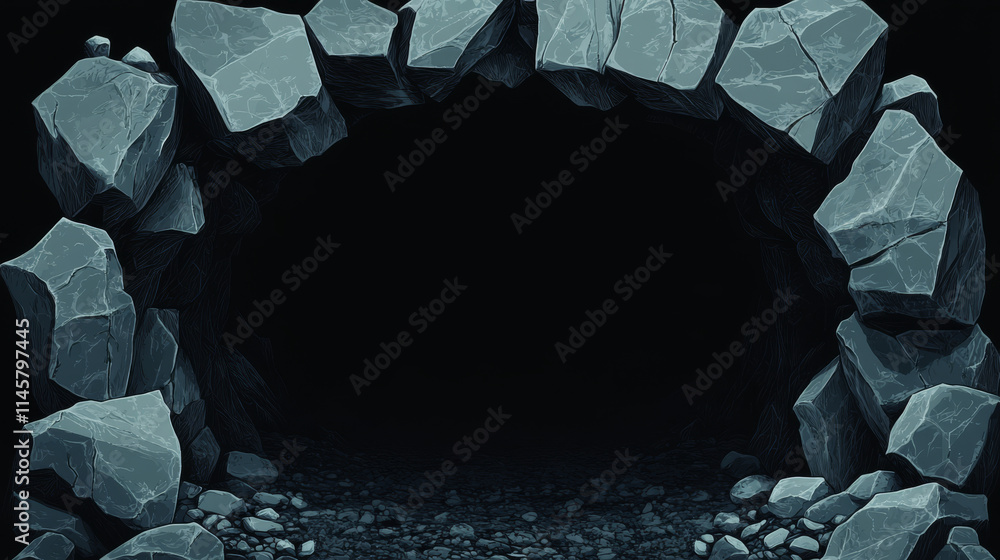 Stone cave entrance with empty white space inside. Vector template with ...