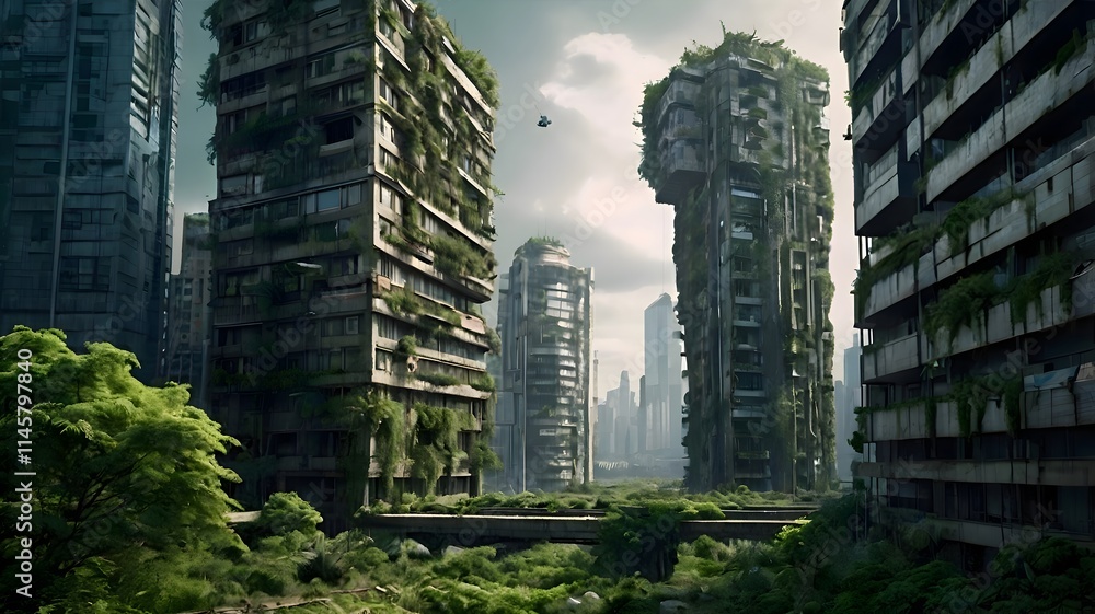 Post-apocalyptic future city, overrun by nature, with advanced tech ...