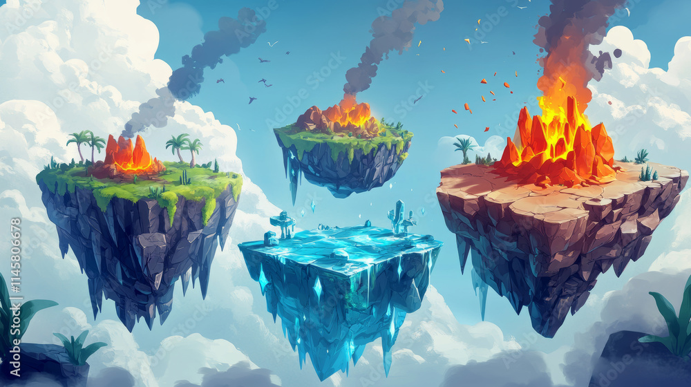 Floating islands ice crystal or rock, volcano and desert fantasy ...