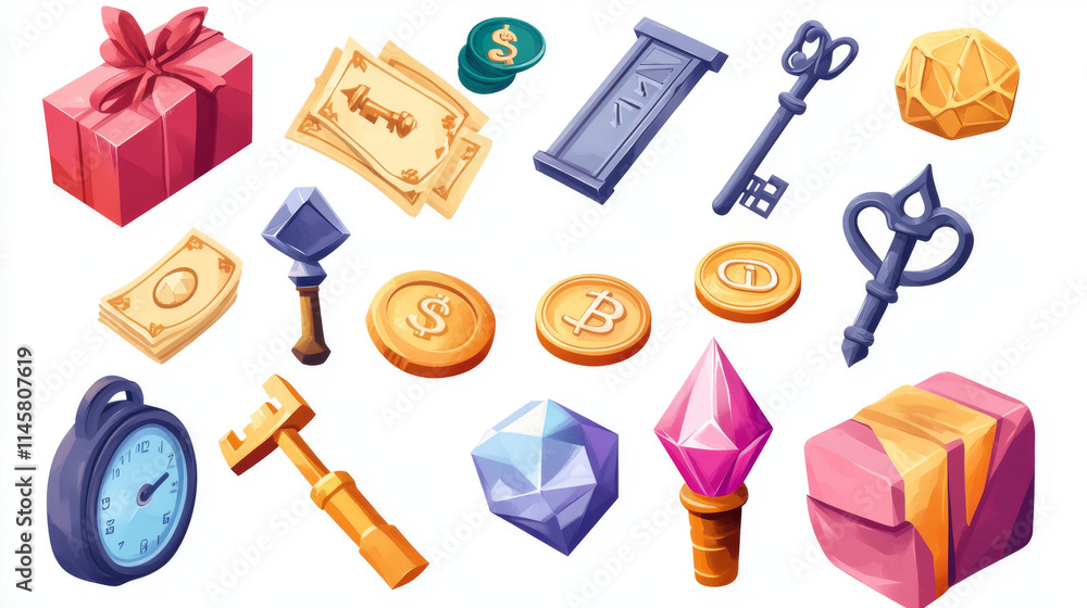 Game icons pack with symbols of key, playing cards, clock, money, gift ...