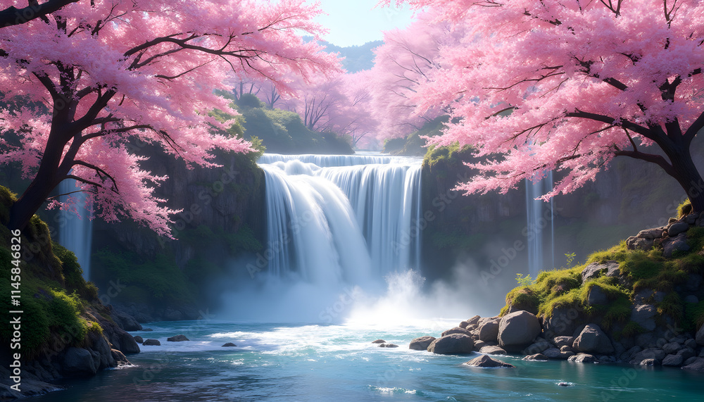 Sakura at the waterfall: A beautiful waterfall surrounded by blooming ...