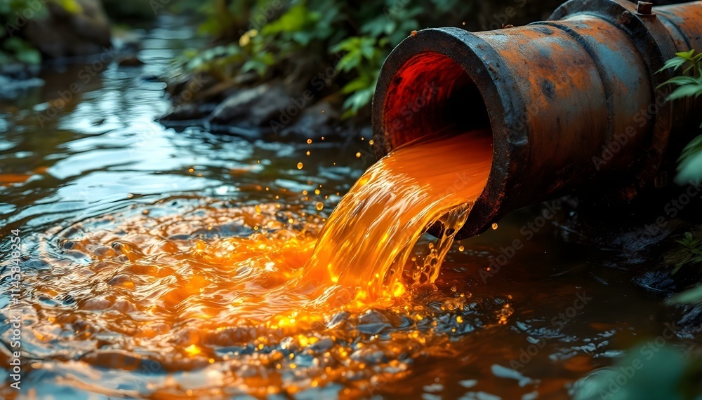 Oil spills from a pipe into a stream, showcasing the environmental ...