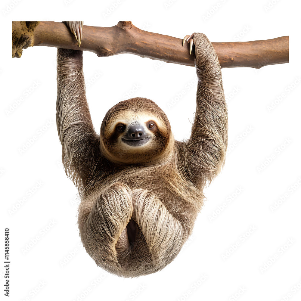 Realistic photo of a sloth hanging upside down from a branch, isolated ...