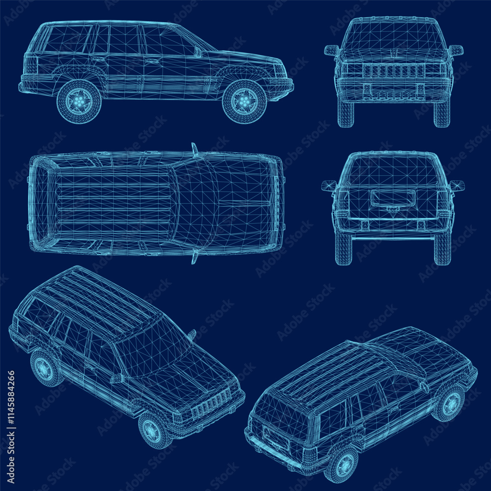 Passenger car wireframe set. Retro auto vehicle, automobile of ...