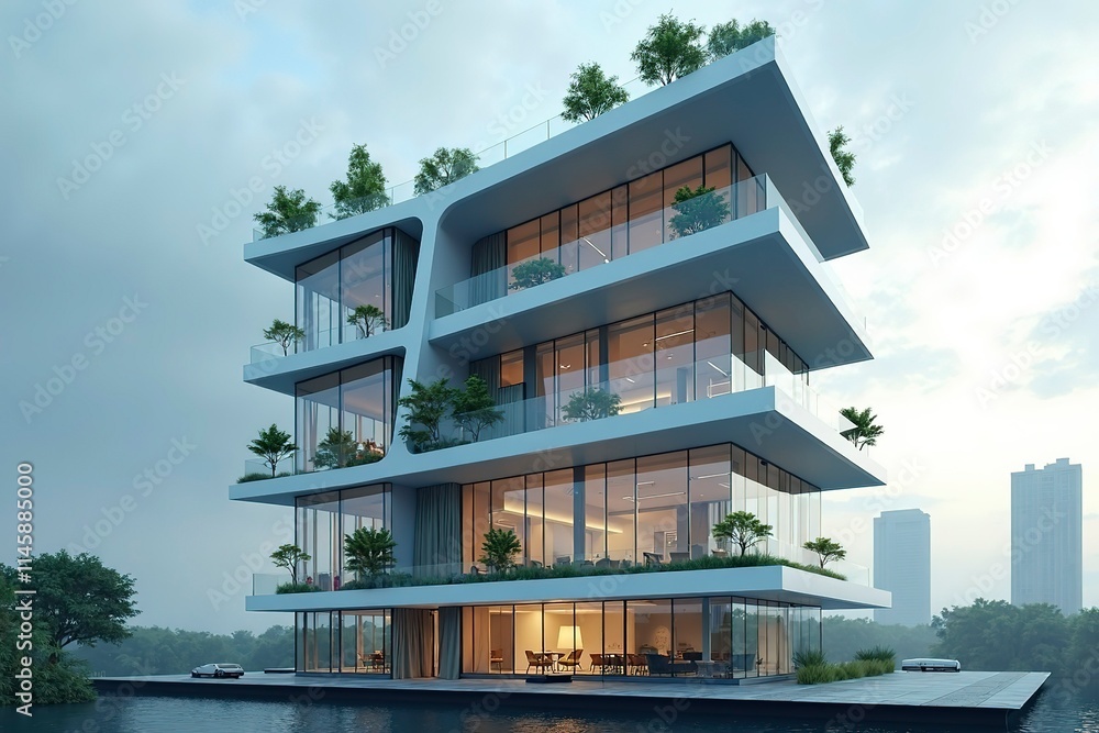 ภาพประกอบสต็อก Futuristic multi-story building with interconnected ...