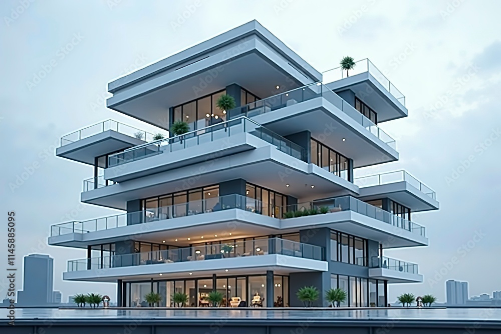 Futuristic multi-story building with interconnected rectangular levels ...