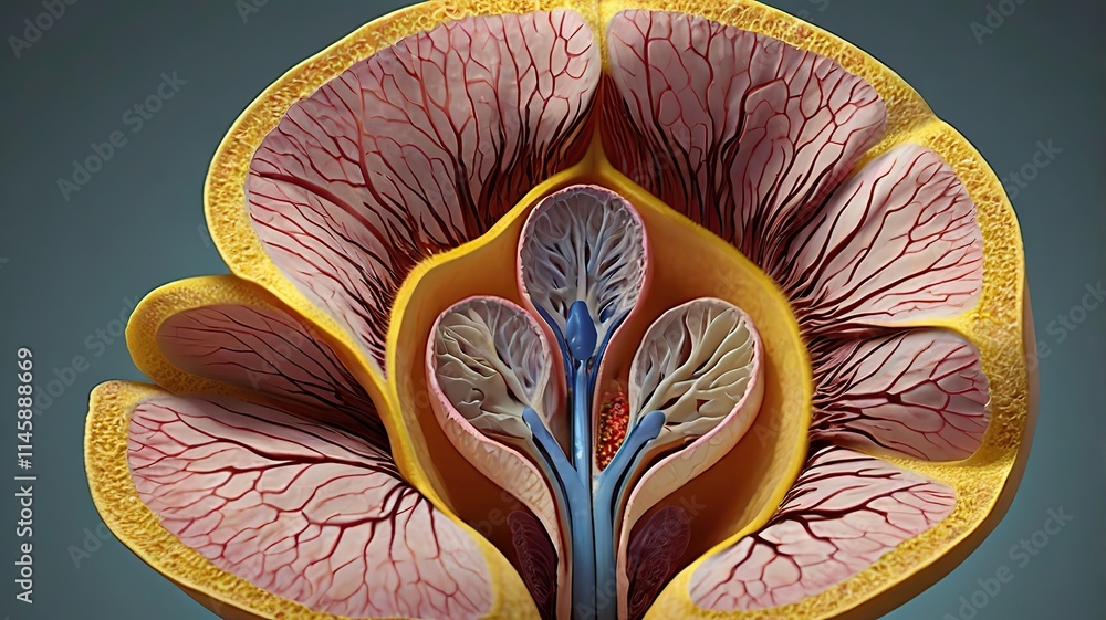 Scientific 3D illustration of a flower, cross-section view showing ...