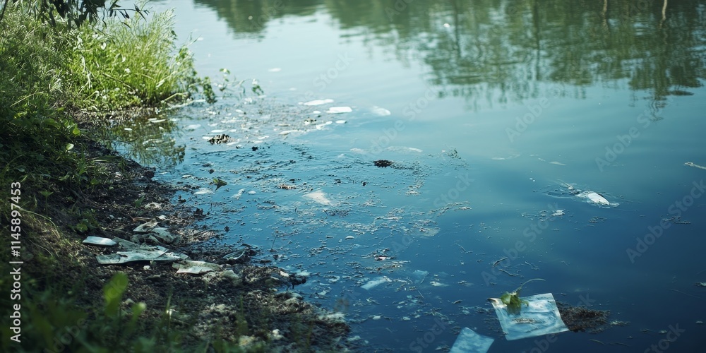 River water pollution is evidenced by accumulated sewage in the lake ...